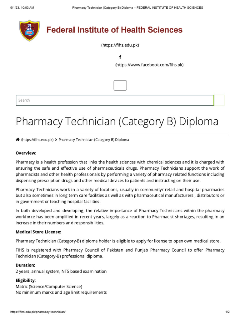 Pharmacy Technician (Category B) Diploma | PDF | Pharmacy | Health Sciences