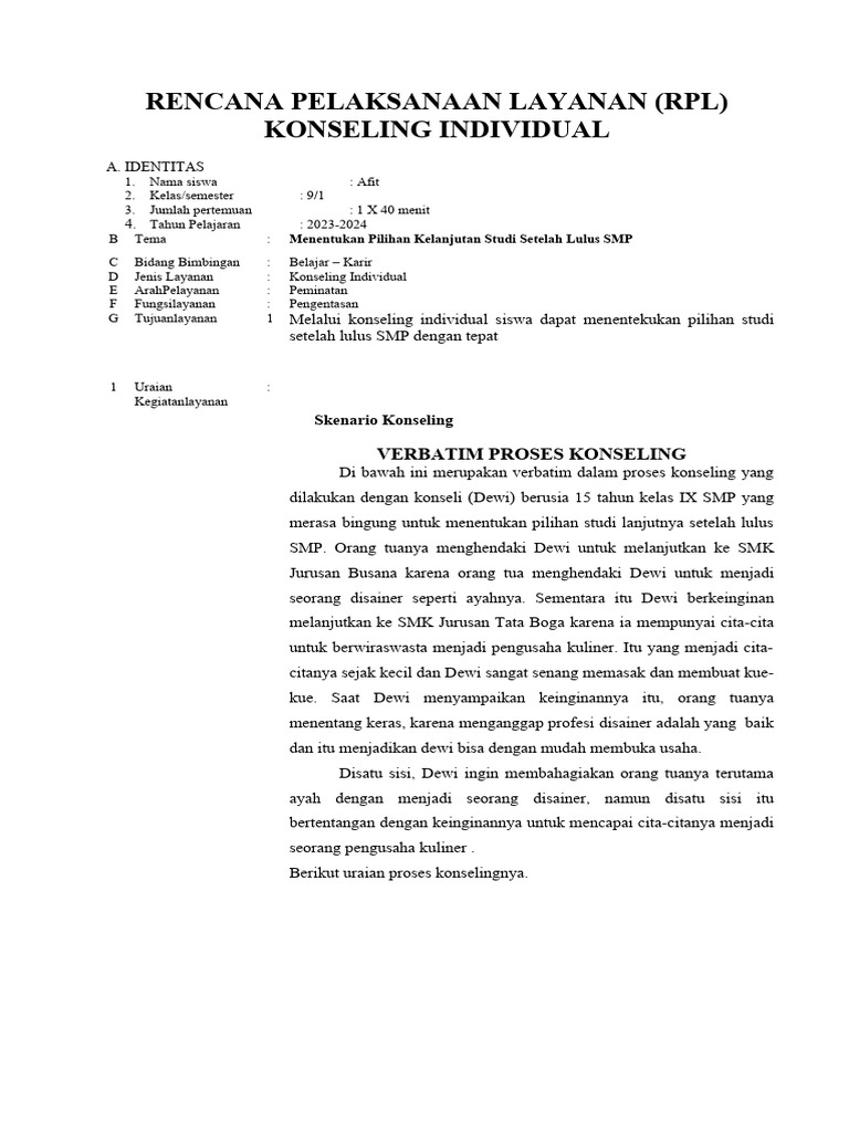 4.3 RPL Konseling Individu Menentukan Pilihan Studi | PDF