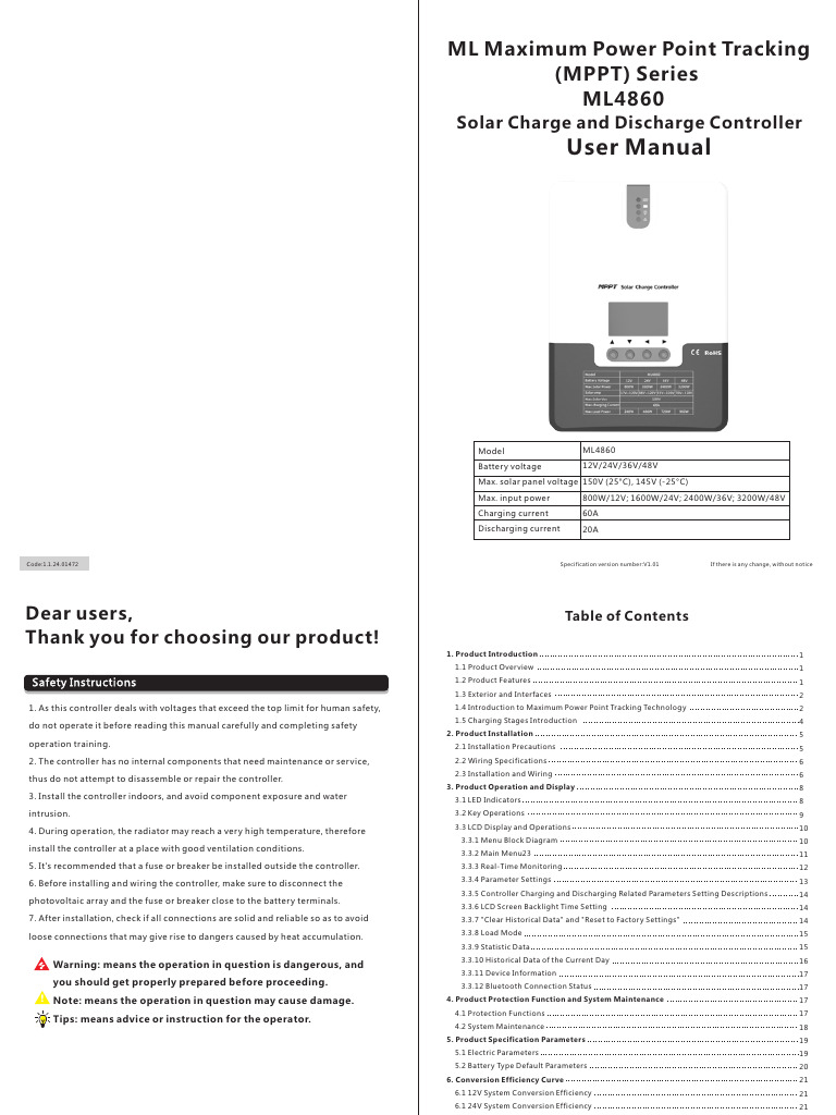 SRNE ml4860 1 Manual | PDF | Solar Panel | Photovoltaic System