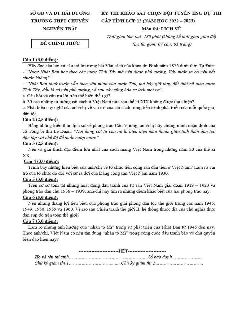De Thi HSG Lich Su 12 Nam 2022 2023 Truong Chuyen Nguyen Trai Hai Duong | PDF