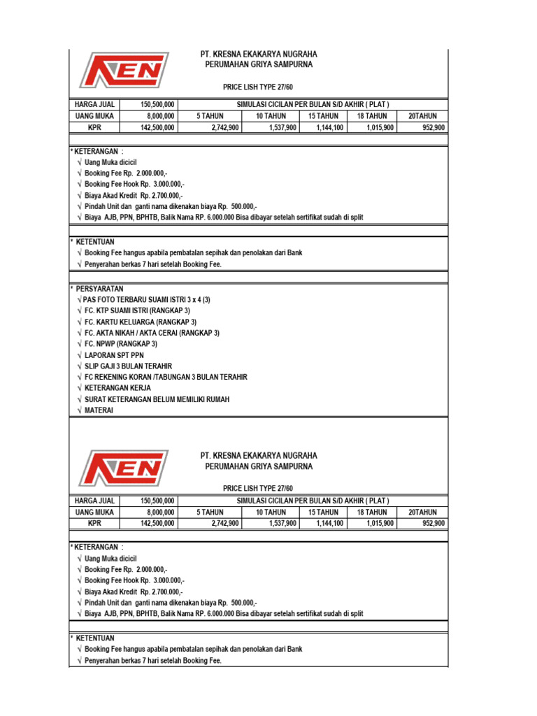 Price List Harga Jual Rumah | PDF