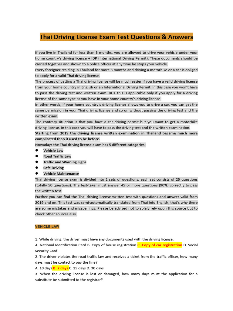 Thai Driving License Exam Test Questions & Answers | PDF | Driver's ...