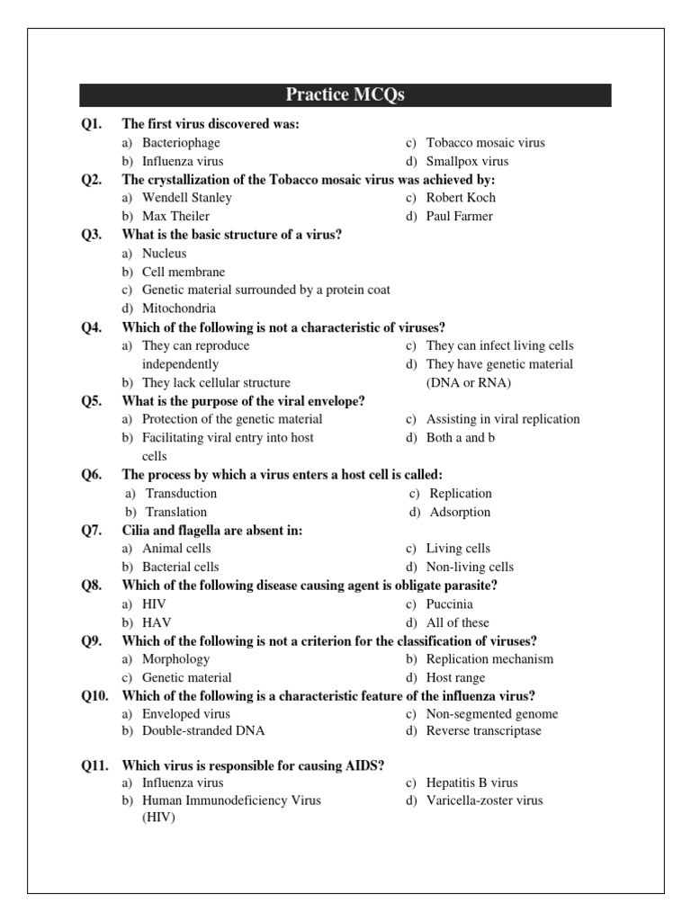 Virus Structure and Characteristics MCQs | PDF