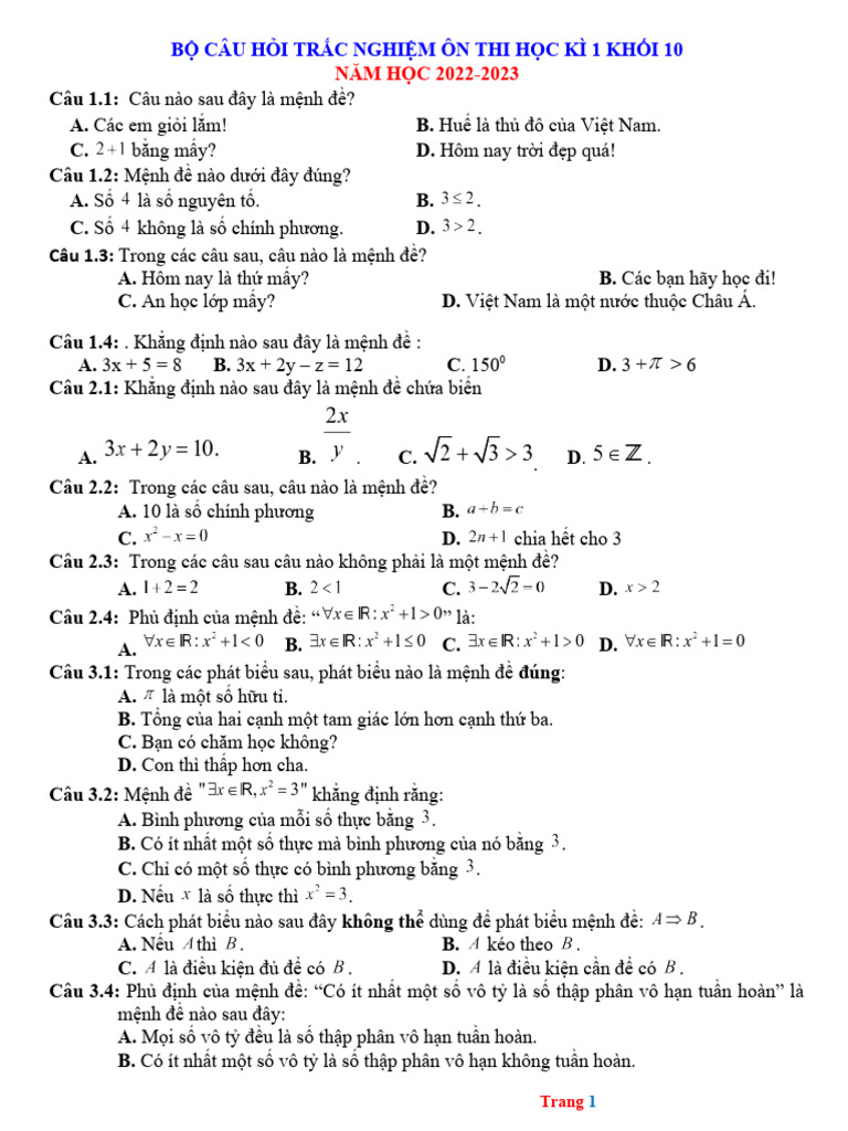 Bo Cau Hoi On Tap Toan 10 HK1 | PDF
