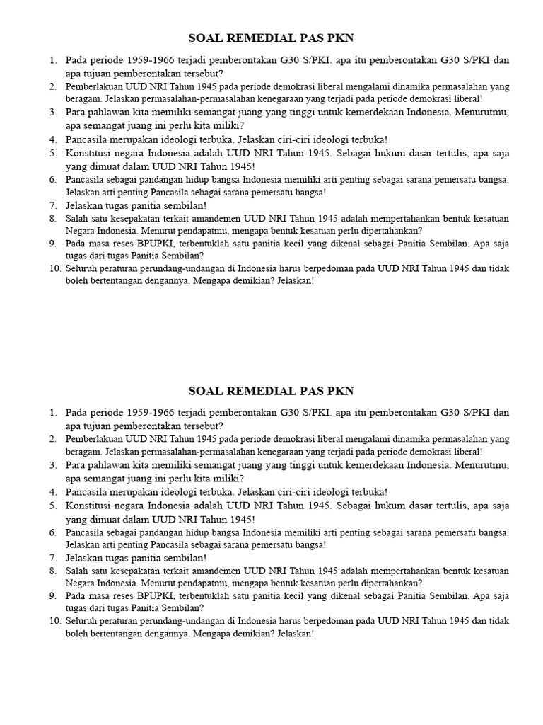 SOAL REMEDIAL PAS PKN | PDF