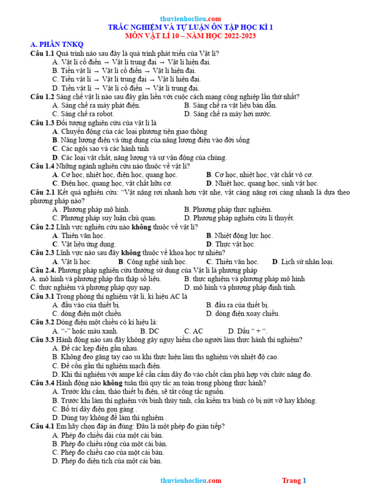 On Thi Vat Li 10 HK1 | PDF