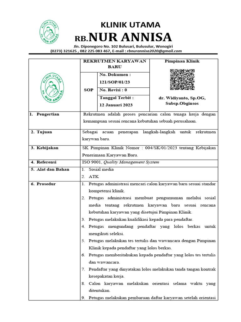 SOP Rekrutmen Karyawan Baru Klinik | PDF