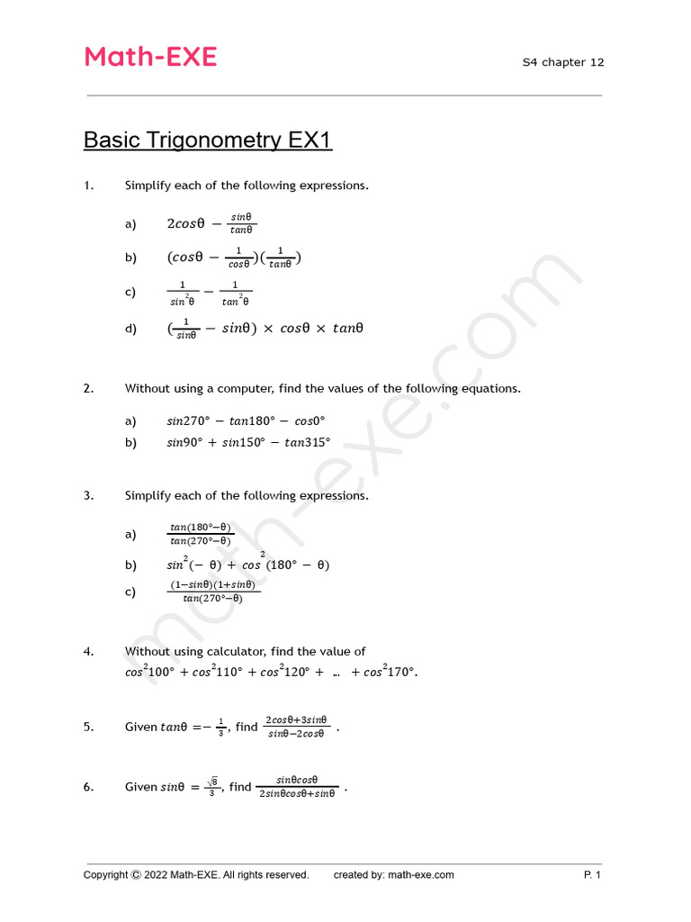 s4 ch12 Basic Trigonometry Ex1 Eng | PDF