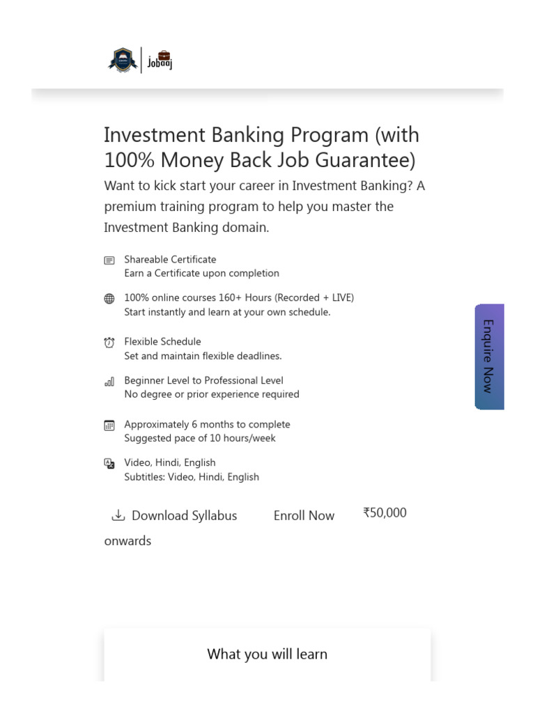 Kick Start Your Career in Investment Banking Programme With Job ...