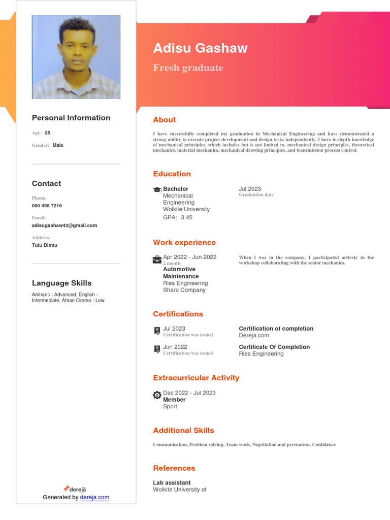 Adisu Dere - CV | PDF | Engineering | Cognition