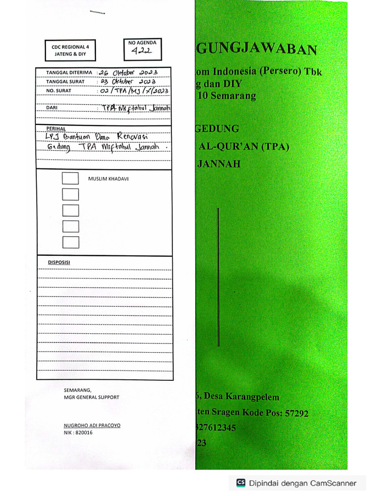 422 - LPJ Bantuan Dana Renovasi Gedung TPA Miftahul Jannah | PDF