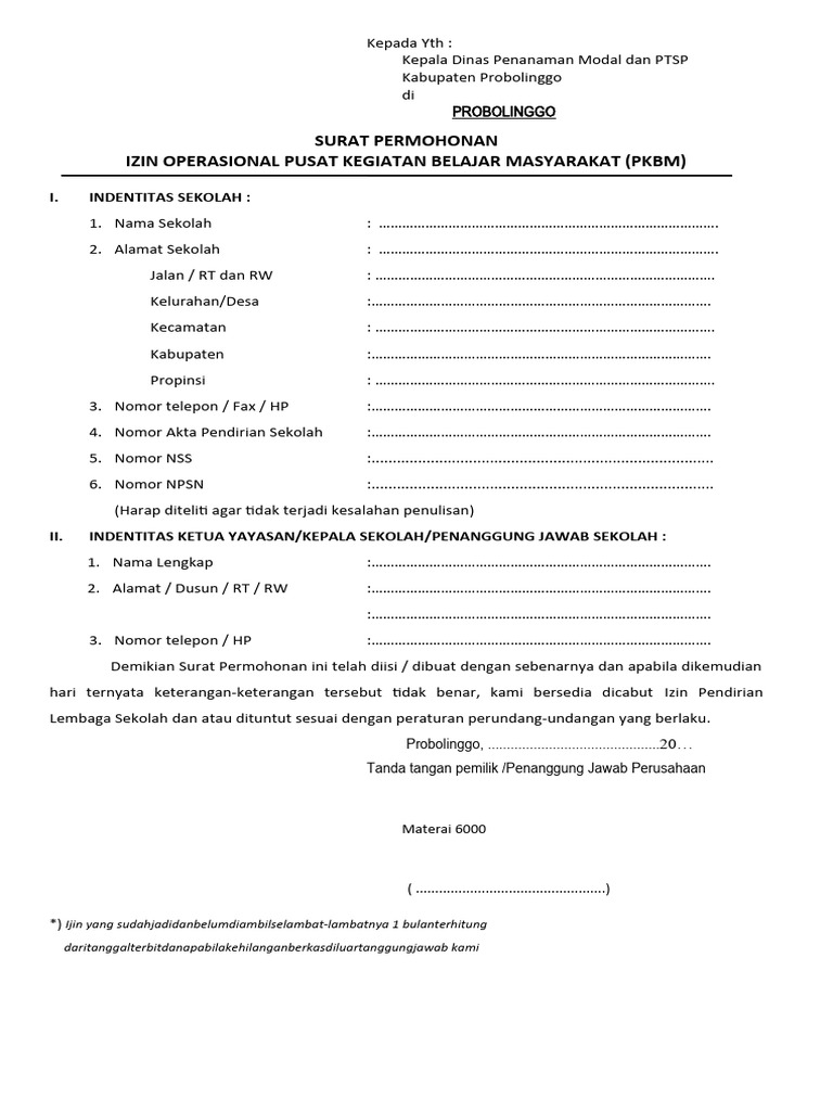 Form Ijin Operasional PKBM | PDF