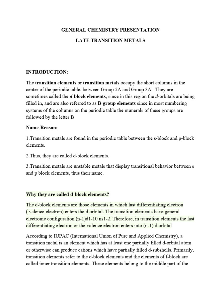 General Chemistry Script and Flow | PDF | Actinide | Transition Metals