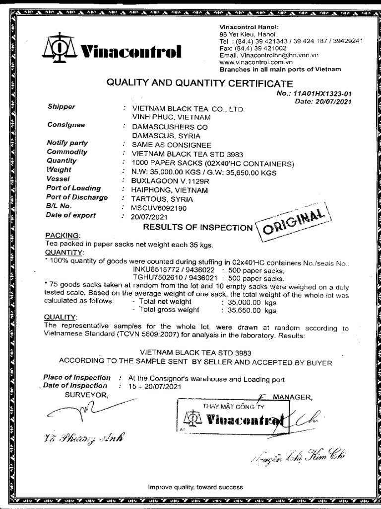 Quality - Quantity Cert 072021 | PDF
