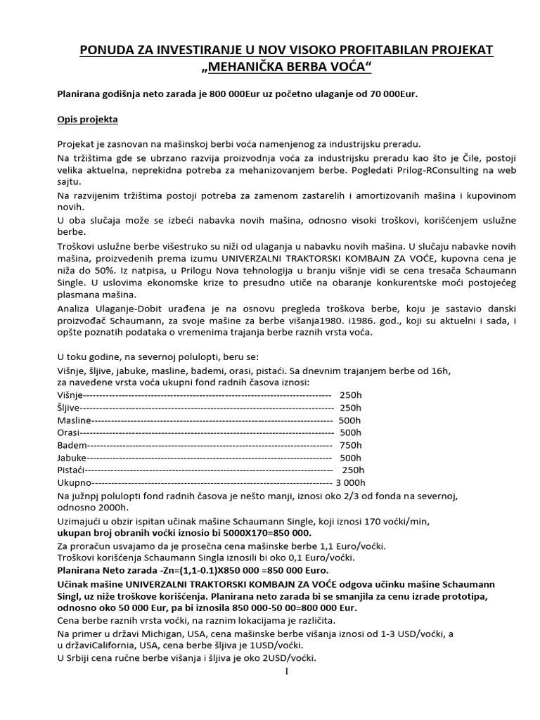 Ponuda Za Ulaganje U Nov Superprofitabilan Projekat1 | PDF