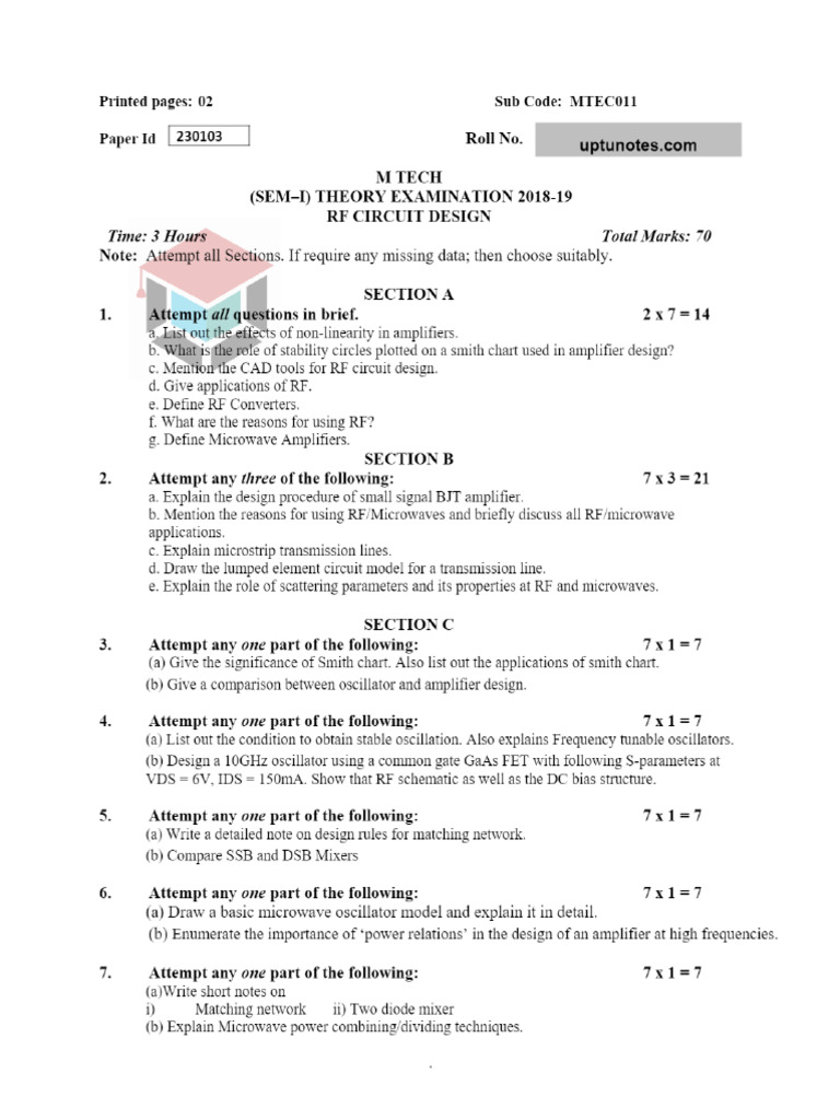 AKTU PAPER - RF CIRCUIT DESIGN (MTEC011) 2018-19 - UPTU Notes | PDF