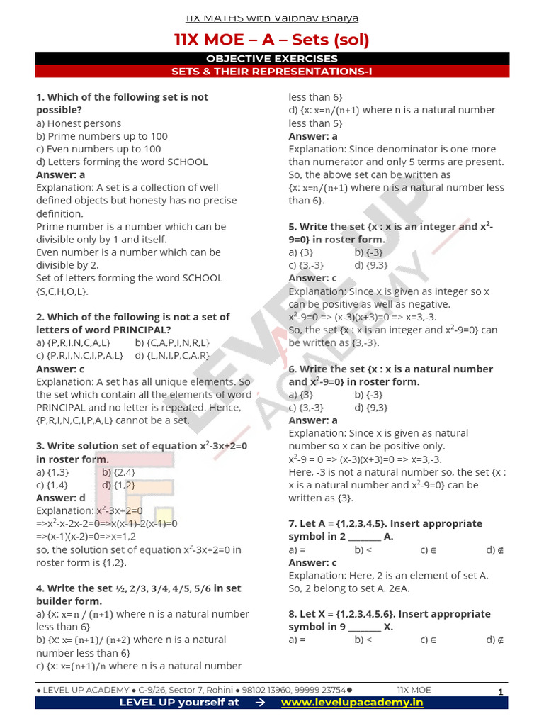 11X MOE - A - Sets (Sol) | PDF | Numbers | Empty Set