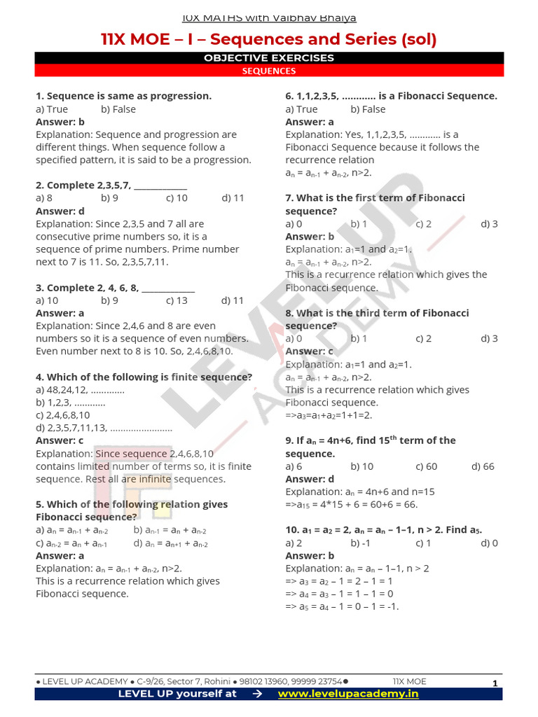 11X MOE - I - Sequences and Series (Sol) | PDF | Sequence | Mean