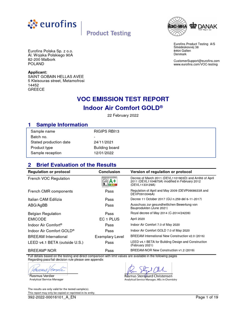 Rigips RBI 13 - VOC Emission Report - Indoor Air Comfort Gold | PDF ...