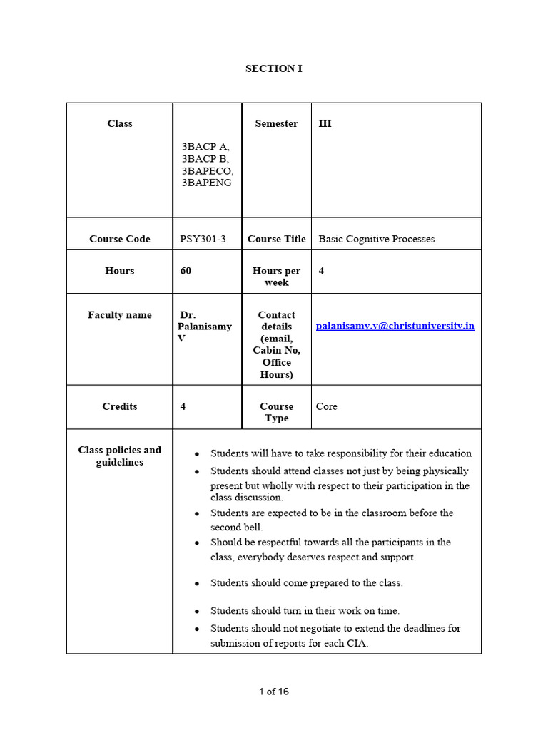 Basic Cognitive Process - Couse Plan | PDF