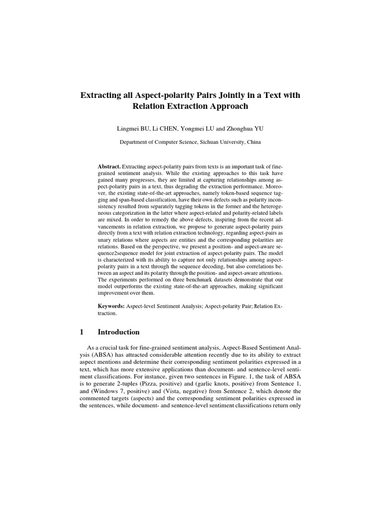 Extracting All Aspect-Polarity Pairs Jointly in A Text With Relation Extraction Approach | PDF ...