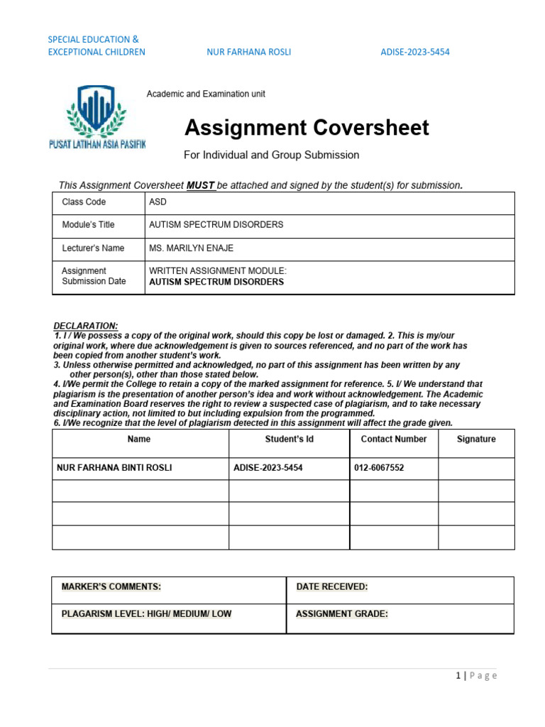 Written Assignment Module - Autism Spectrum Disorders | PDF