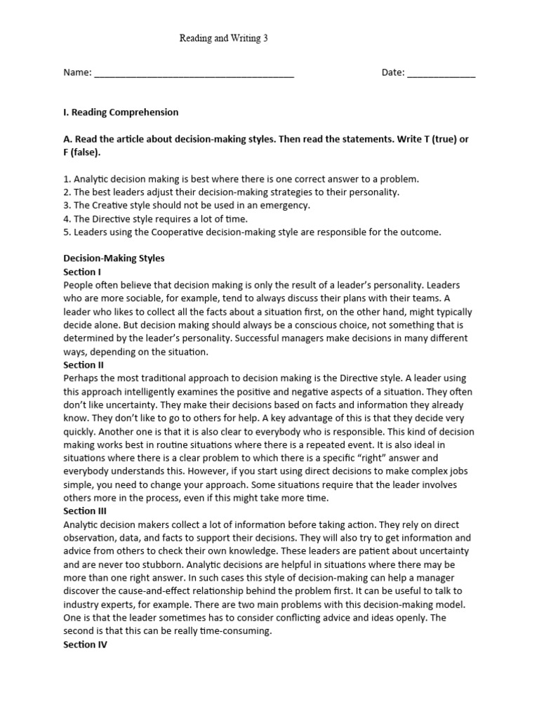 Q3e RW3 U06A Student | PDF | Decision Making | Leadership