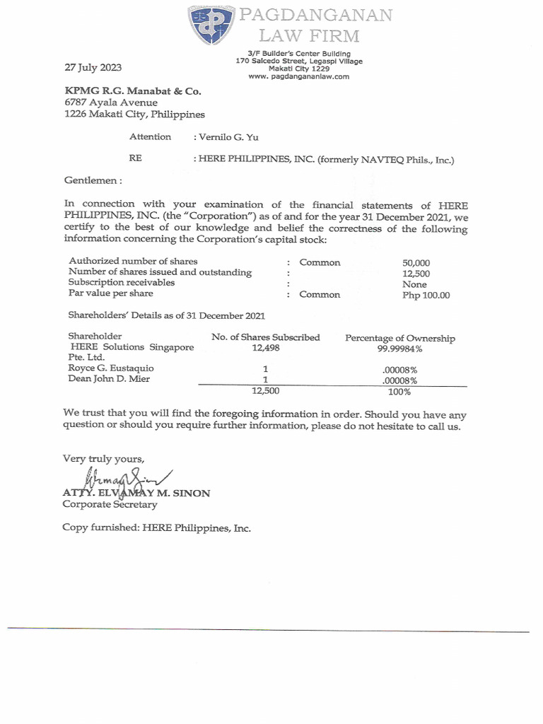 HERE Philippines, Inc - Letter Re Capital To KPMG - 27072023 | PDF