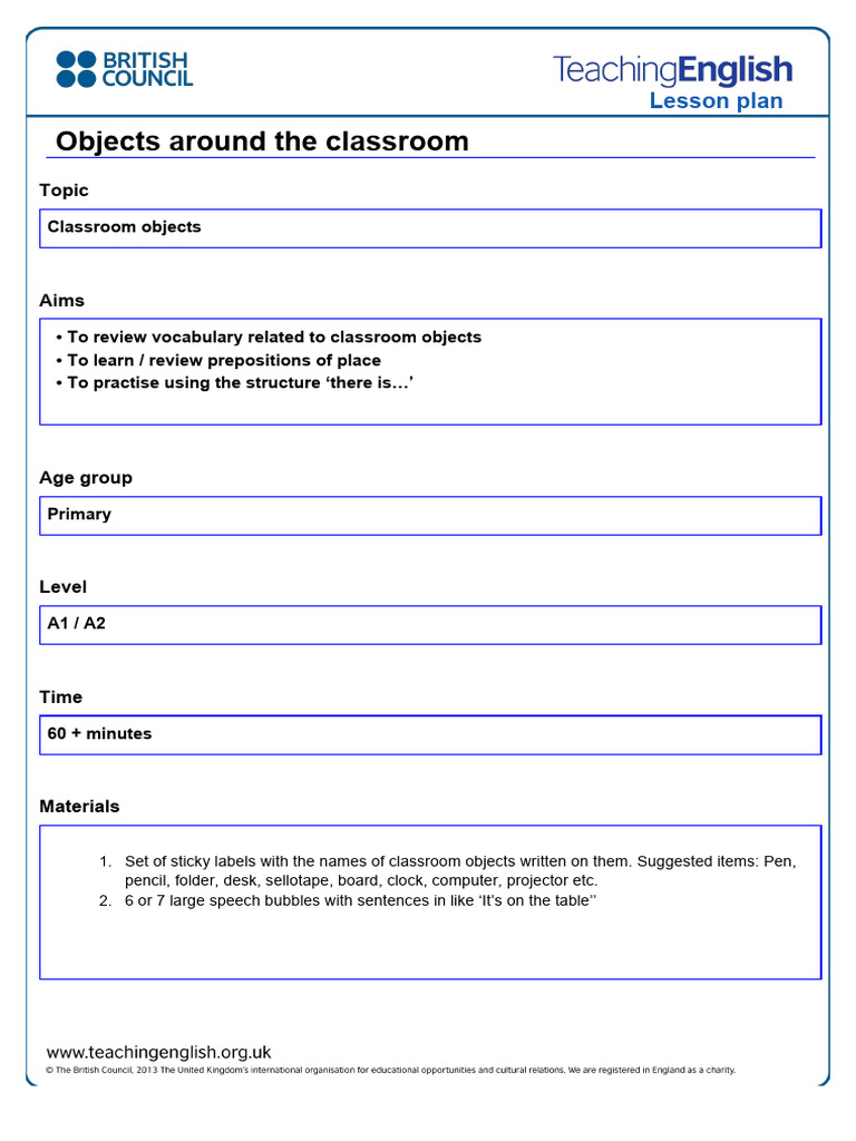 Objects Around The Classroom Lesson Plan | PDF | Classroom | Lesson Plan