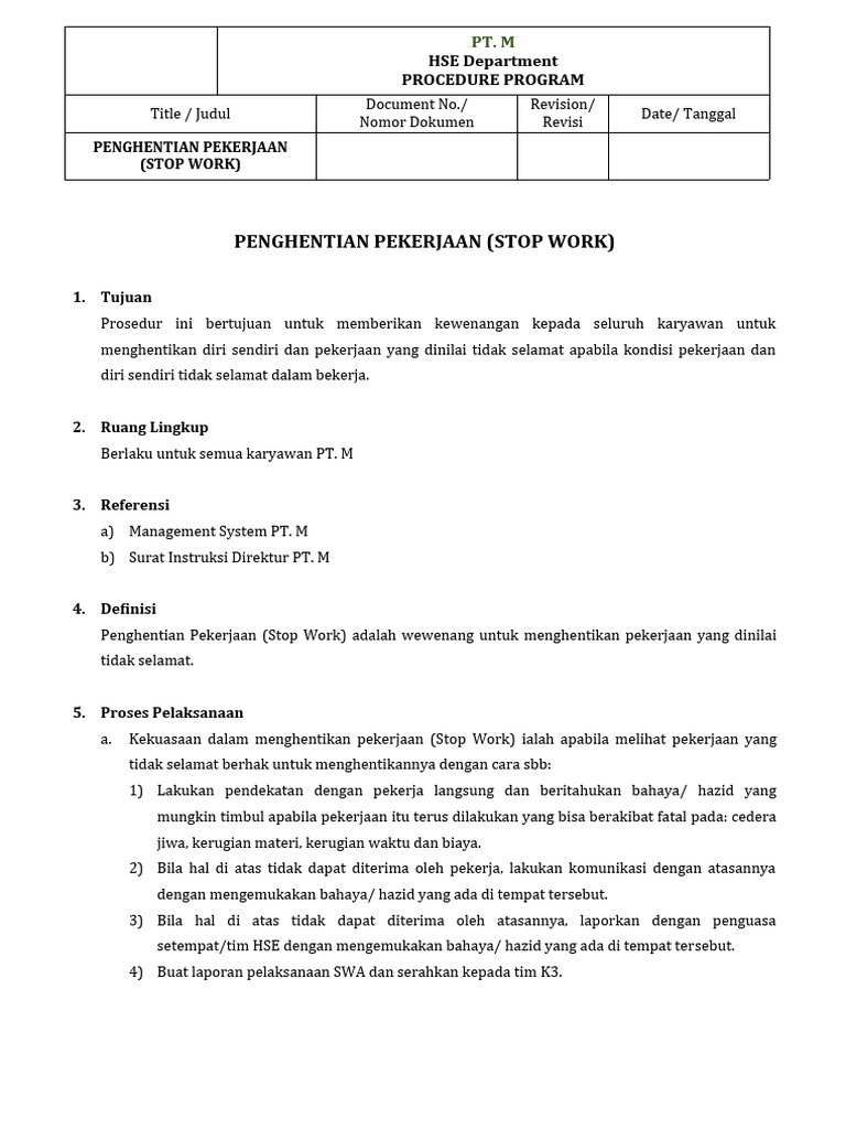 Prosedur Penghentian Pekerjaan (Stop Work) | PDF