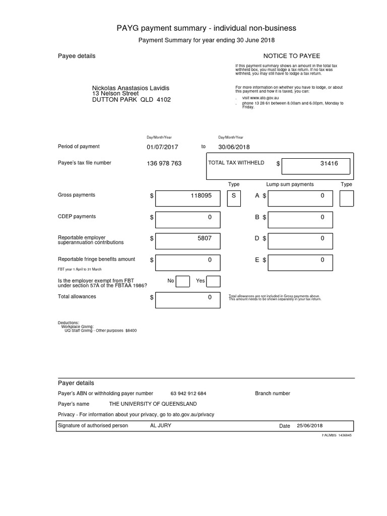 PAYG Payment Summary 2018 Non-Business | PDF | Personal Finance ...