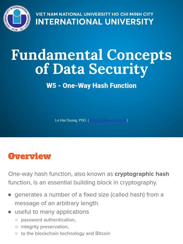 FCoDS - W5 - One-Way Hash Function | PDF | Algorithms | Error Detection And Correction