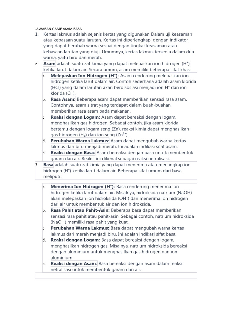 Jawaban Game Asam Basa | PDF