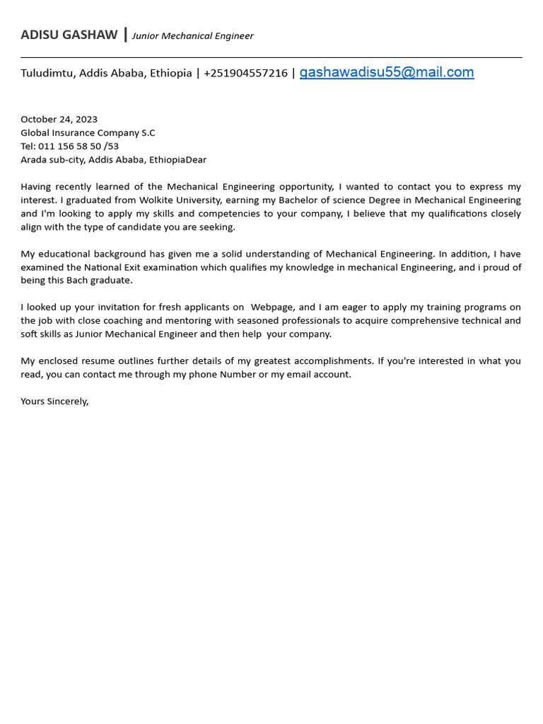 Application for Mechanical Engineer Role | PDF | Technology & Engineering