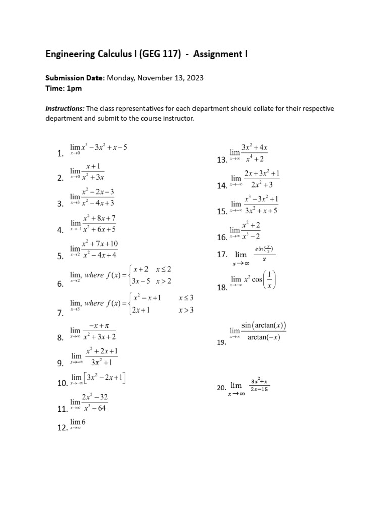 Limits Exercises for Engineering Calculus | PDF