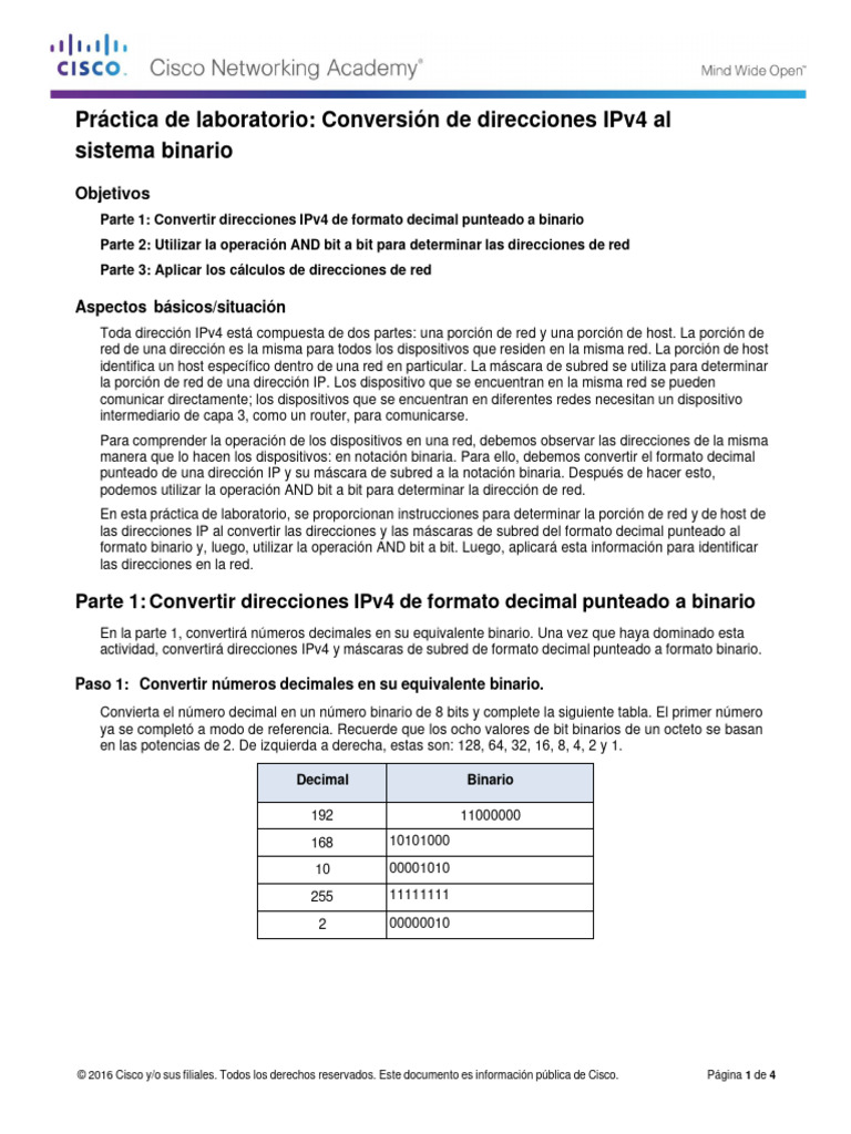 7 1 2 9 Lab Converting Ipv4 Addresses To Binary Pdf Dirección Ip Poco