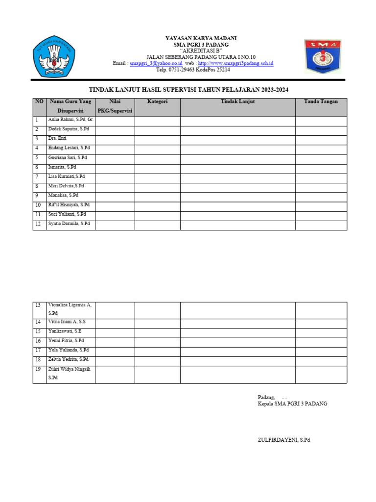Tindak Lanjut Supervisi 2023-2024 | PDF