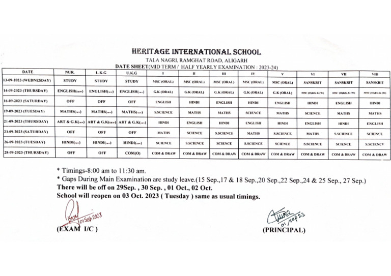 Date Sheet Half Yearly Examination 2023 Nur To Viii | PDF Date Sheet Half Yearly Examination 2023 Nur To Viii | PDF