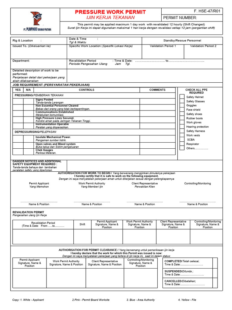 F. 47 Pressure Work Permit | PDF