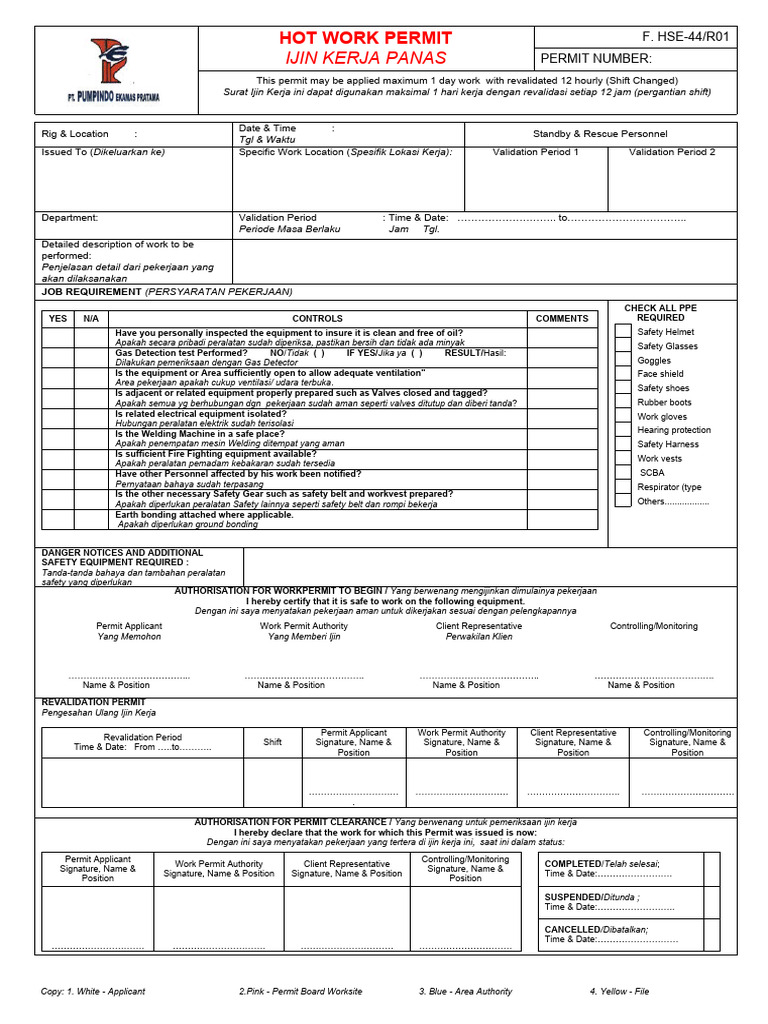 F. 44 Hot Work Permit | PDF | Manufactured Goods | Equipment