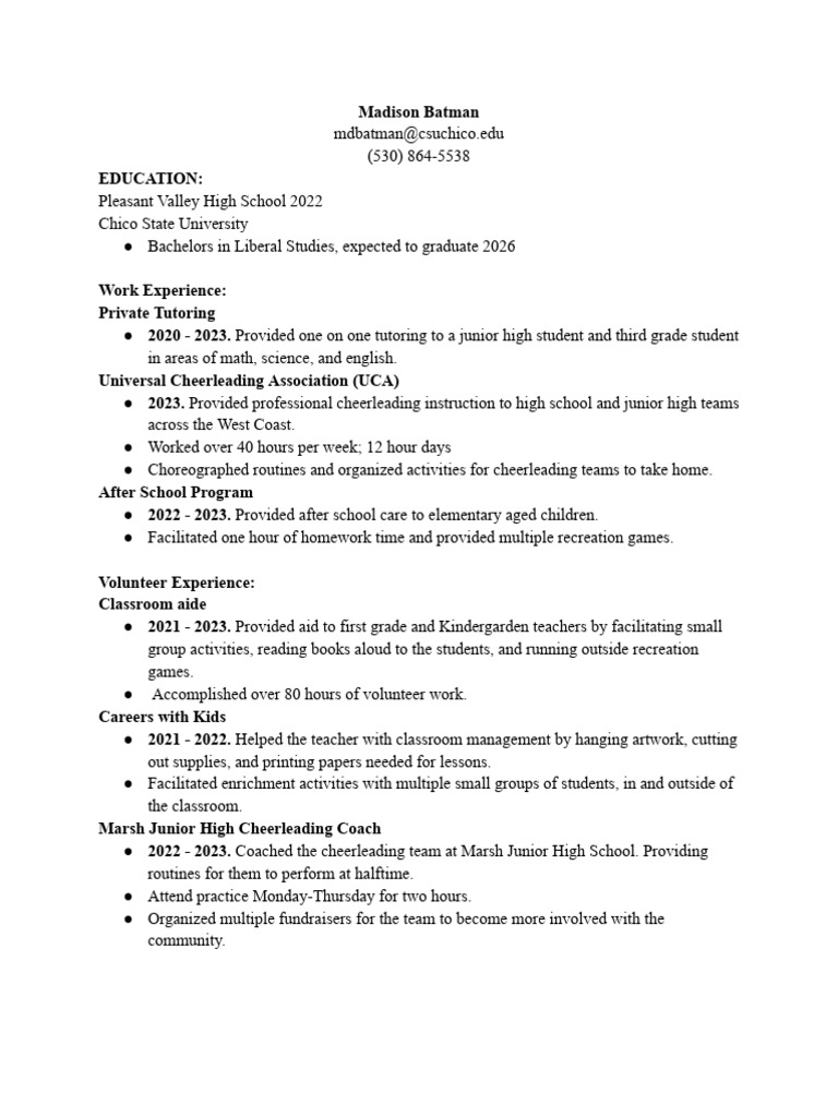 Madison Batman - Resume | PDF | Cheerleading