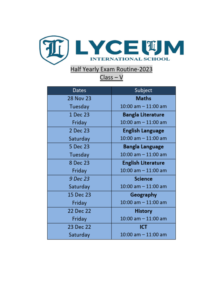 Class 5 Half Yearly Exam Routine 2023 | PDF
