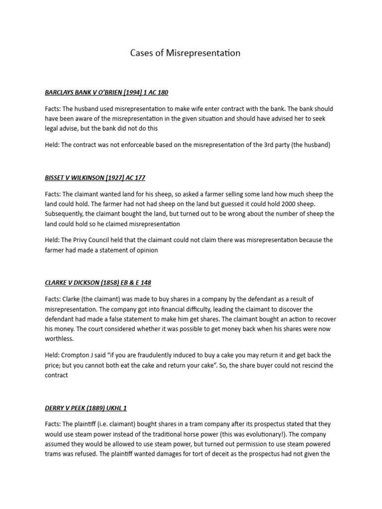 Cases of Misrepresentation | PDF | Misrepresentation | Common Law