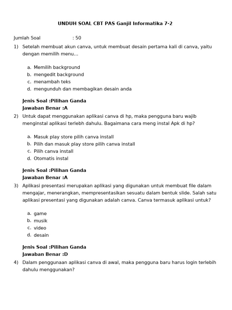 Lembar Soal CBT PAS Ganjil Informatika 7-2 | PDF | Teknologi & Rekayasa