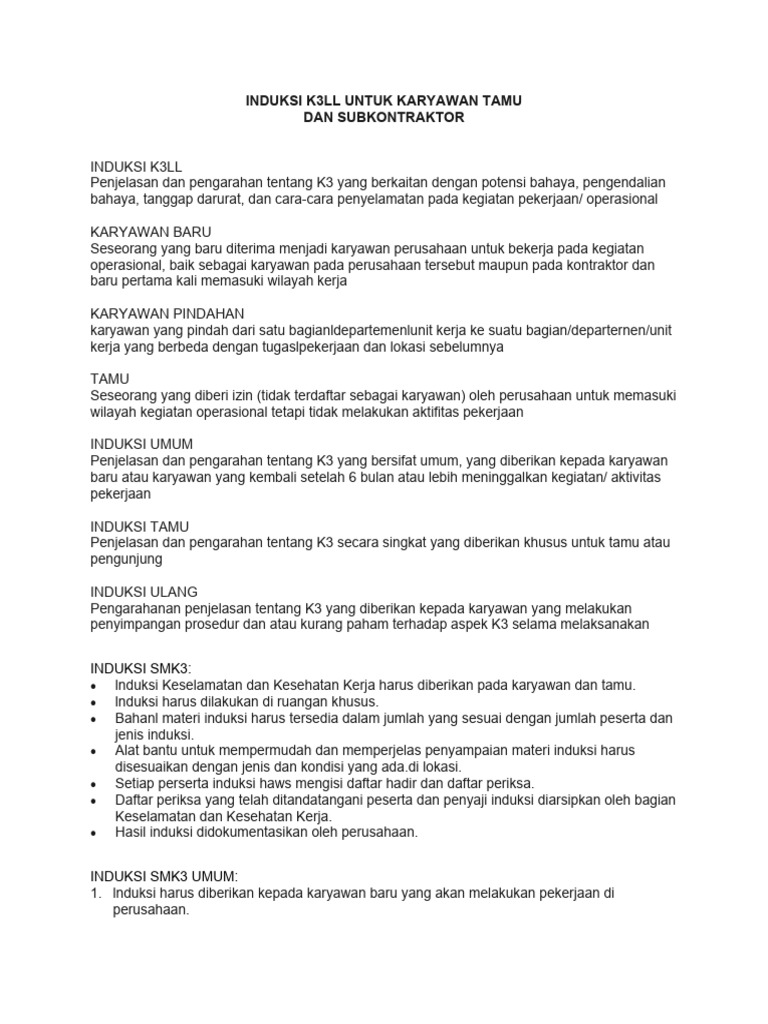Induksi K3LL Untuk Karyawan Tamu | PDF