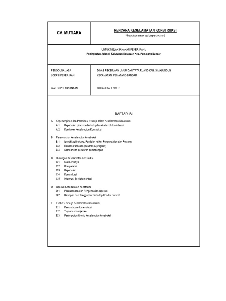 Cv. Mutiara: Rencana Keselamatan Konstruksi | PDF