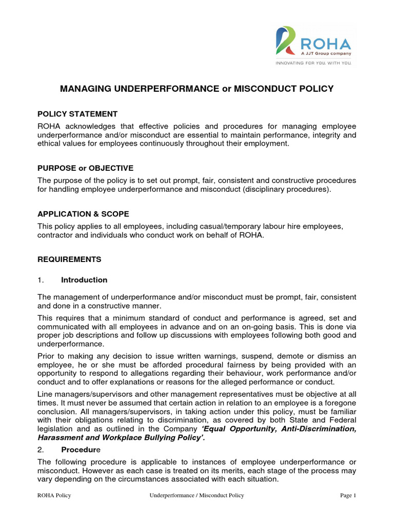 Managing Underperformance or Misconduct Policy | PDF | Employment | Sexual Harassment