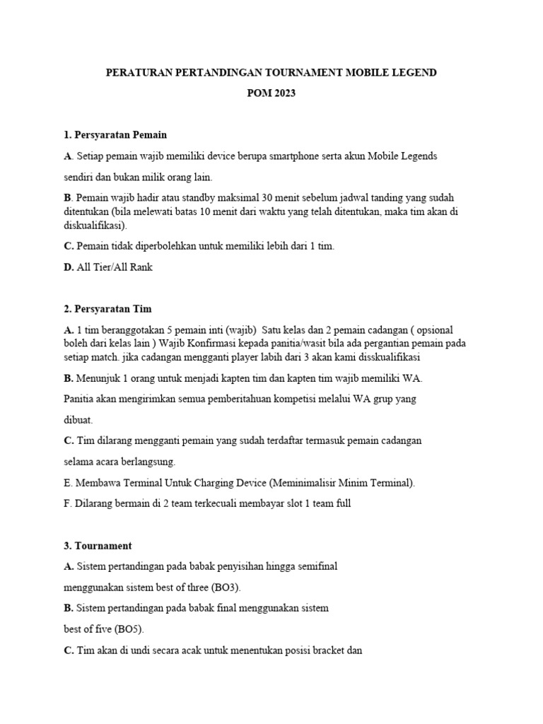 Aturan Turnamen Mobile Legends POM 2023 | PDF