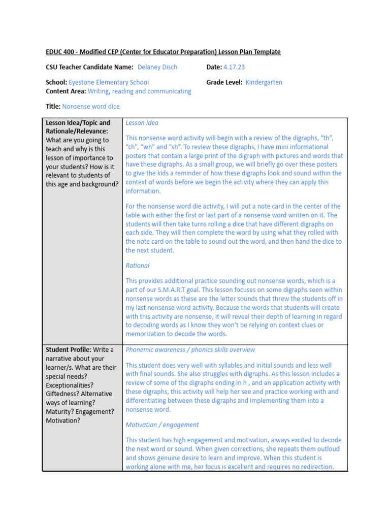 Lesson Plan 2 - Educ 400 - Modified Cep Center For Educator Preparation - Delaney Disch 1 | PDF ...