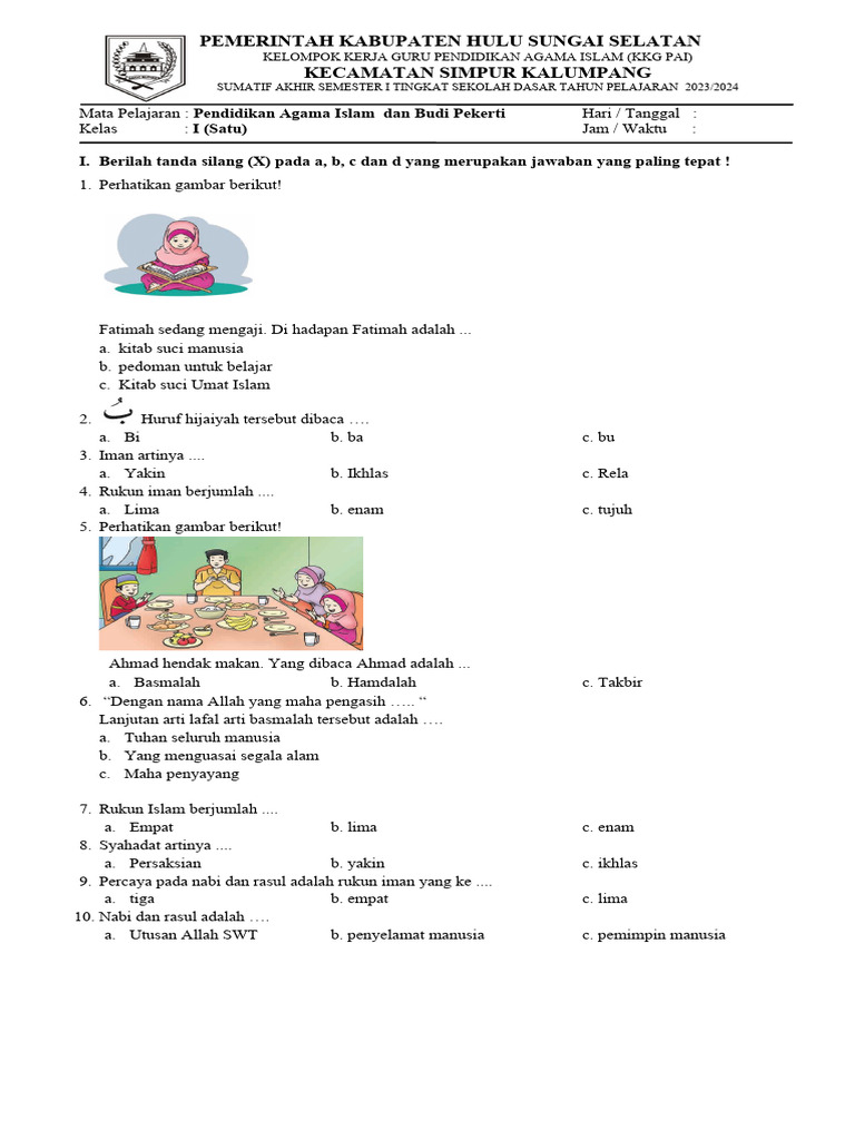 Soal Pai Kelas 1 Sas 1 Kurmer TP 2023-2024 | PDF